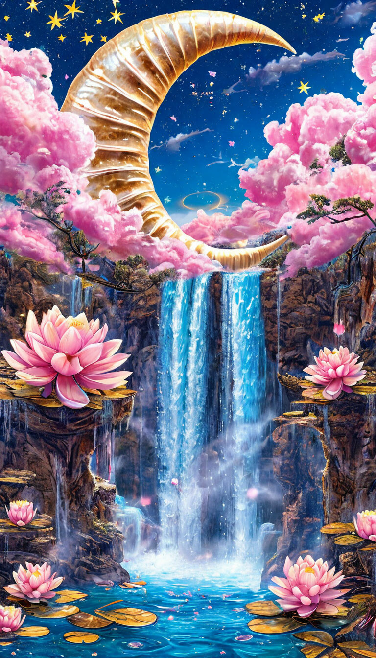 "Double exposure: an azure waterfall flows out of the crescent, pink ...