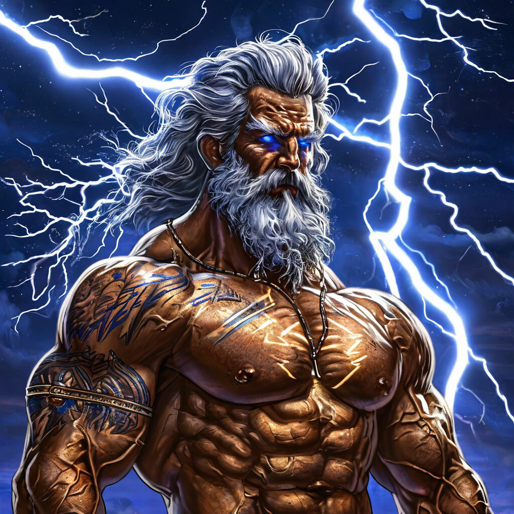 "Zeus, bodybuilder, glowing eyes, …" — image created in Shedevrum