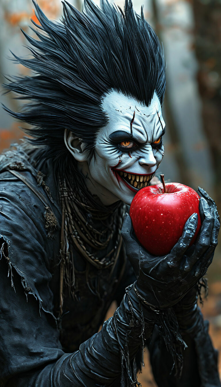 "Shinigami Ryuk, eating an apple, …" — image created in Shedevrum