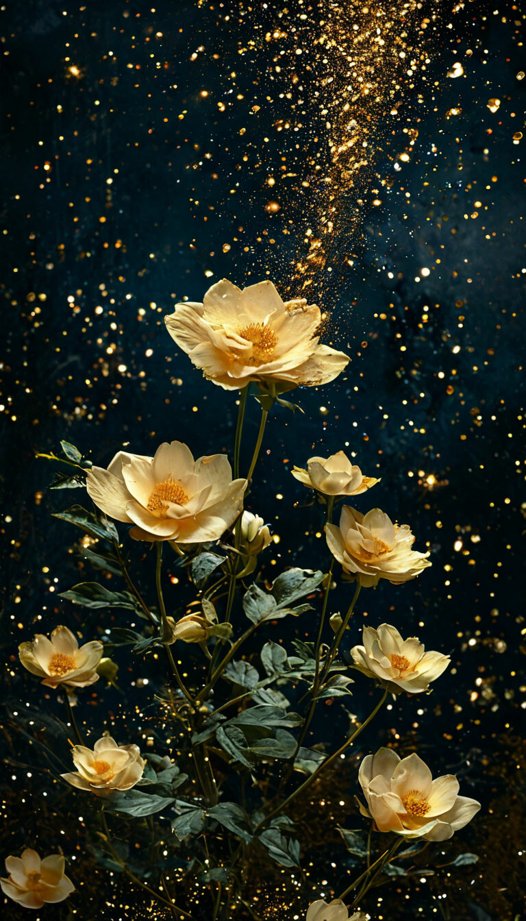 «A night flower blooms on a dark night, golden dust is falling from ...