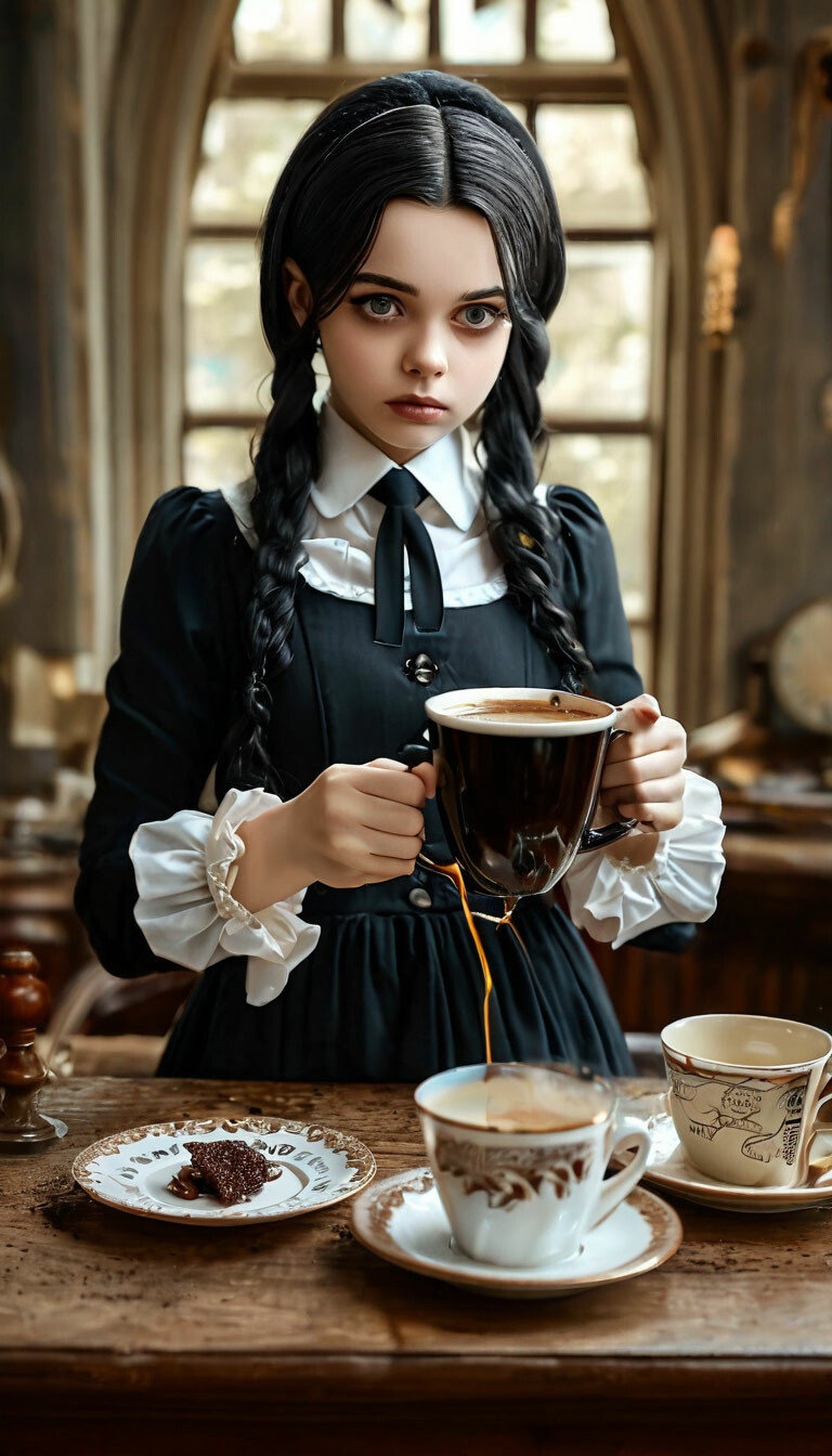 «☕🍫🌹 Wonderful Wednesday Addams pours hot black coffee into our cups ...