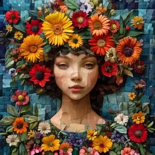 «A girl in a cap made of flowers and herbs. multicolored colors ...