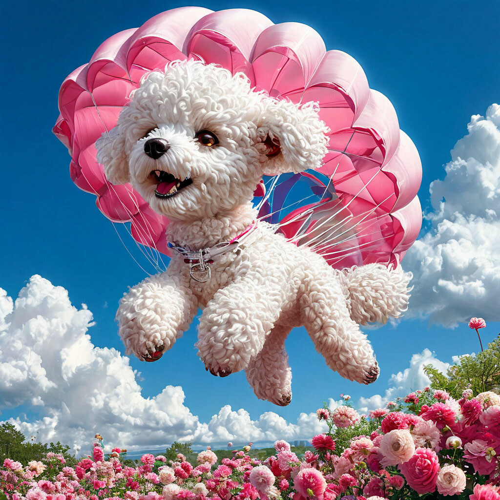 "A futuristic huge figure of a white shorn poodle made of huge buds of ...