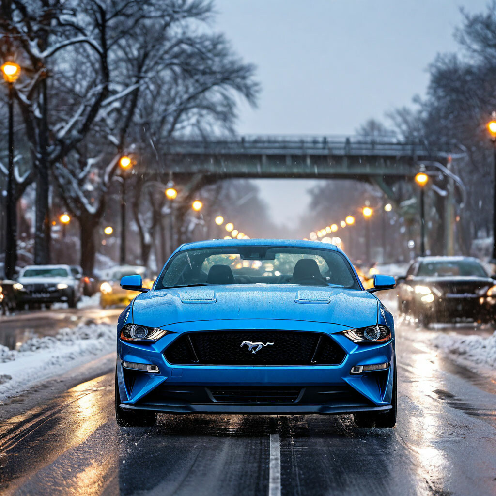 "A blue Ford mustangs 2022 car is driving over the bridge,it's snowing ...