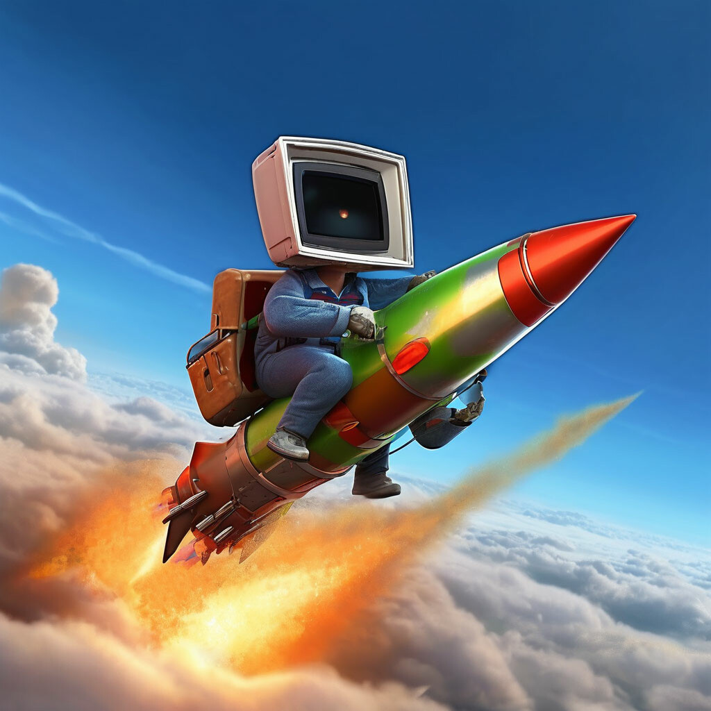 "A man with a TV instead of a head is flying on a rocket. Pepe is ...