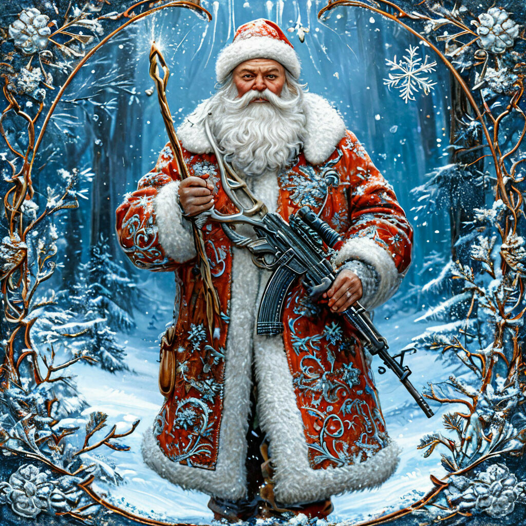 "Santa Claus holding an Ak 47 and fireworks exploding behind him ...