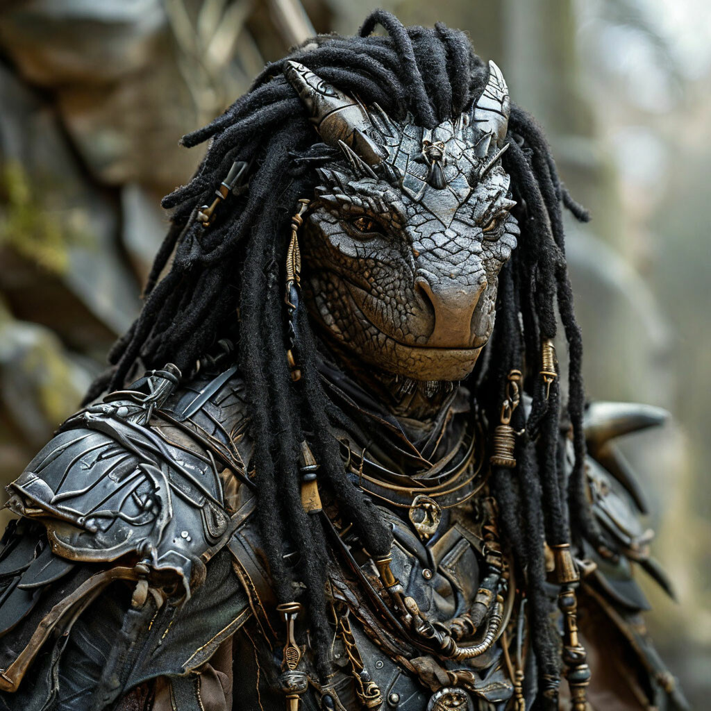 "A metal dragonborn druid with black dreadlocks" — image created in ...