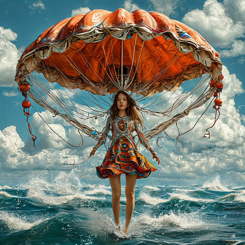 "🪂 huge futuristic figure of a girl flying with a sports parachute, sea ...
