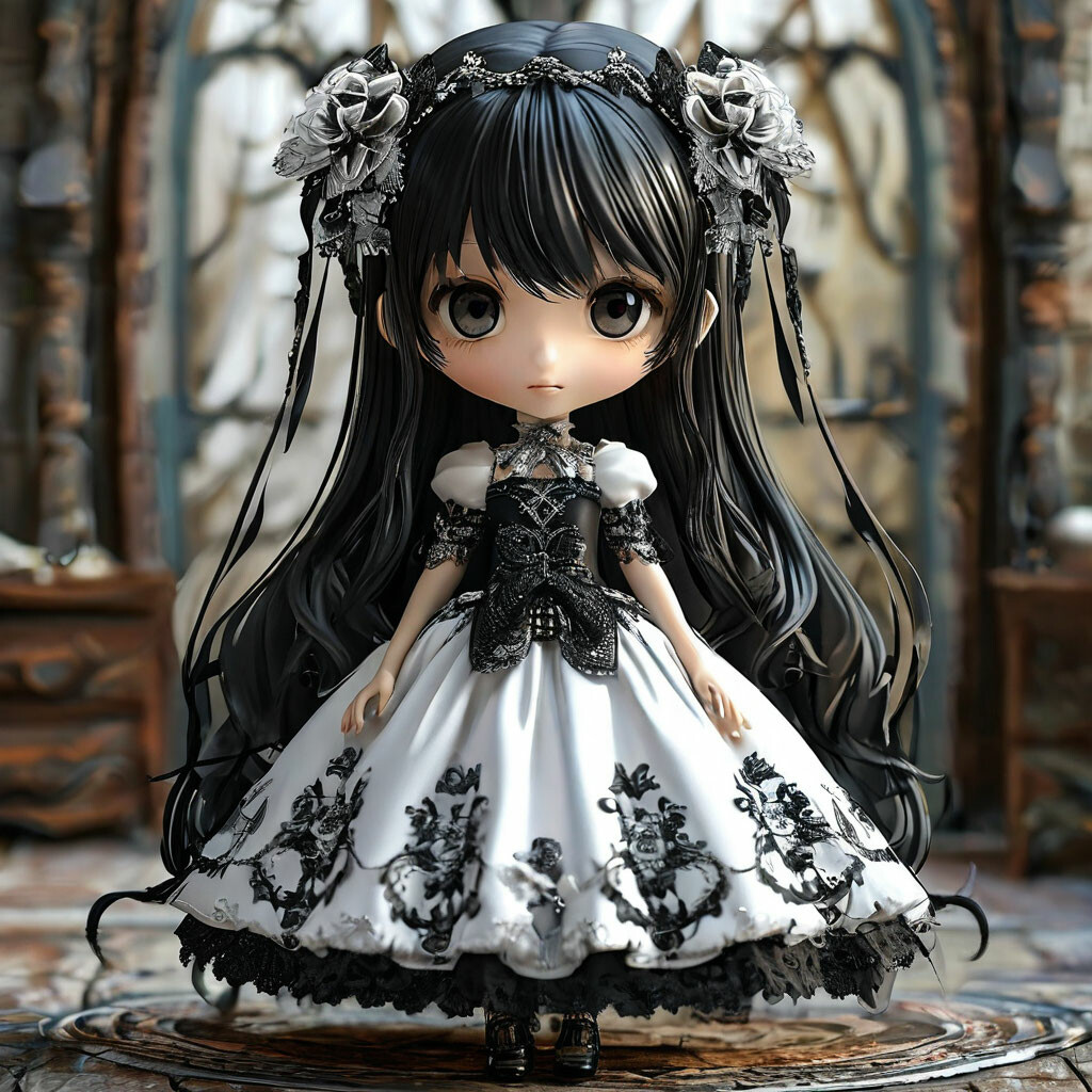 "Girl black and white chibi dress" — image created in Shedevrum