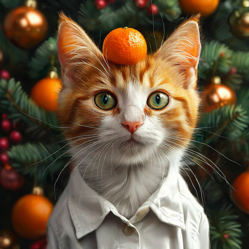 "Tangerine on the head of a light red-…" — image created in Shedevrum