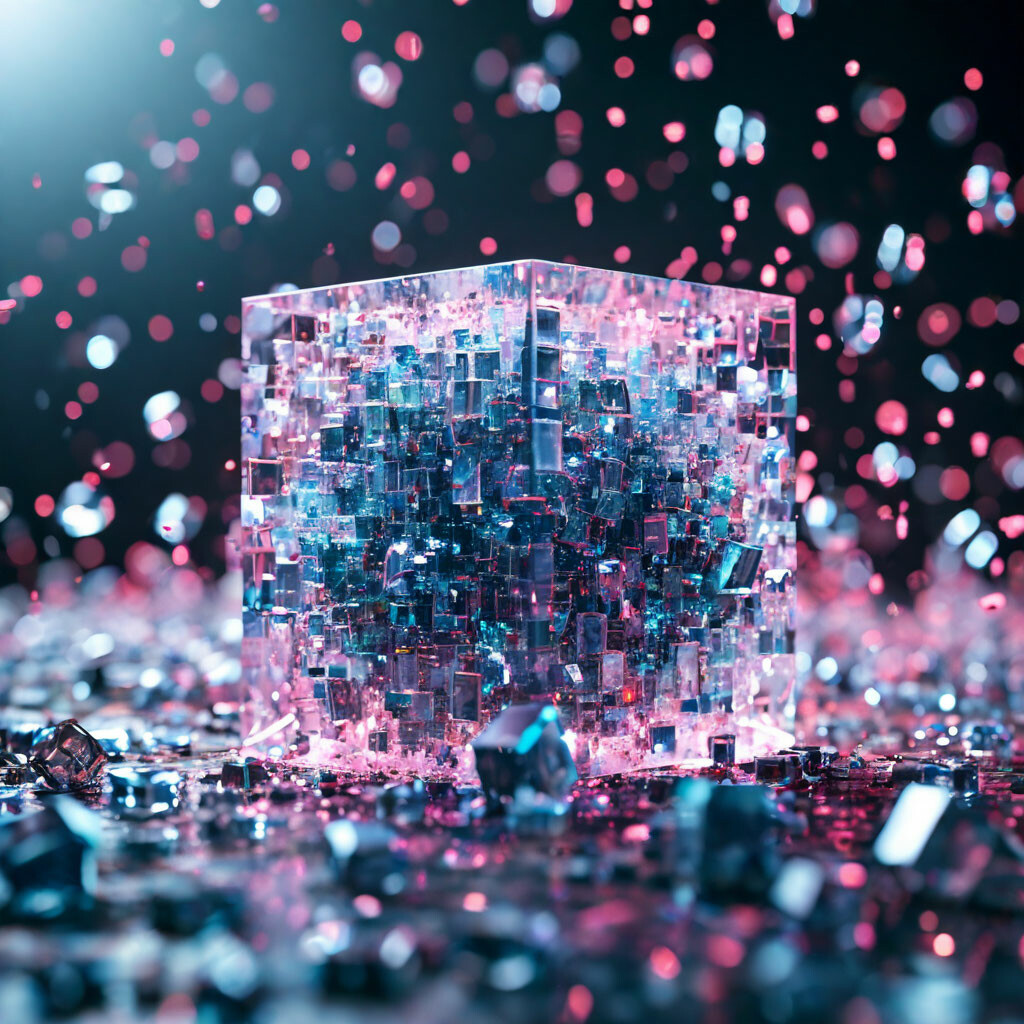 "Pixelated crystal cube, soft light …" — image created in Shedevrum