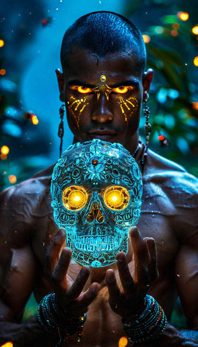 "Moonlit night,close-up,from bottom to top,muscles,mysticism,magic,a ...