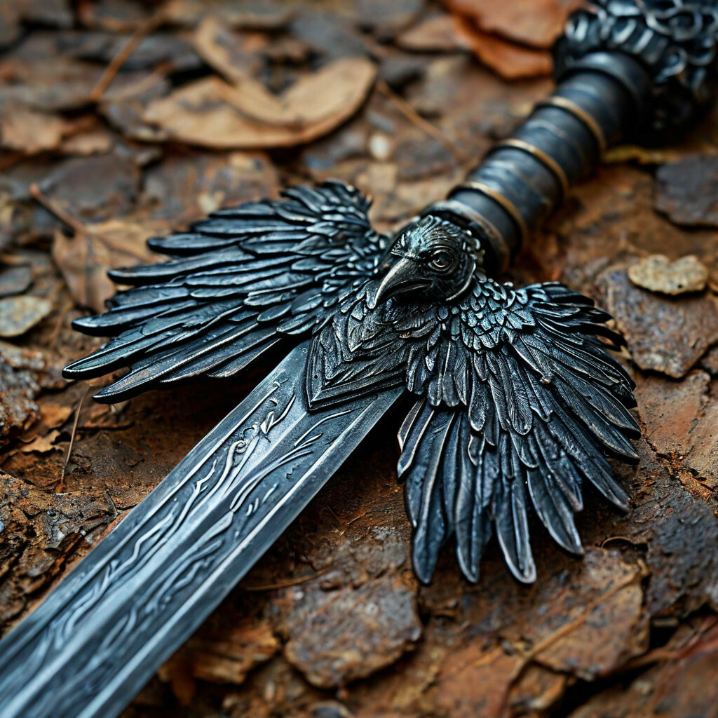 "A long sword with a crow's wing guard and a crow's head on the bottom ...