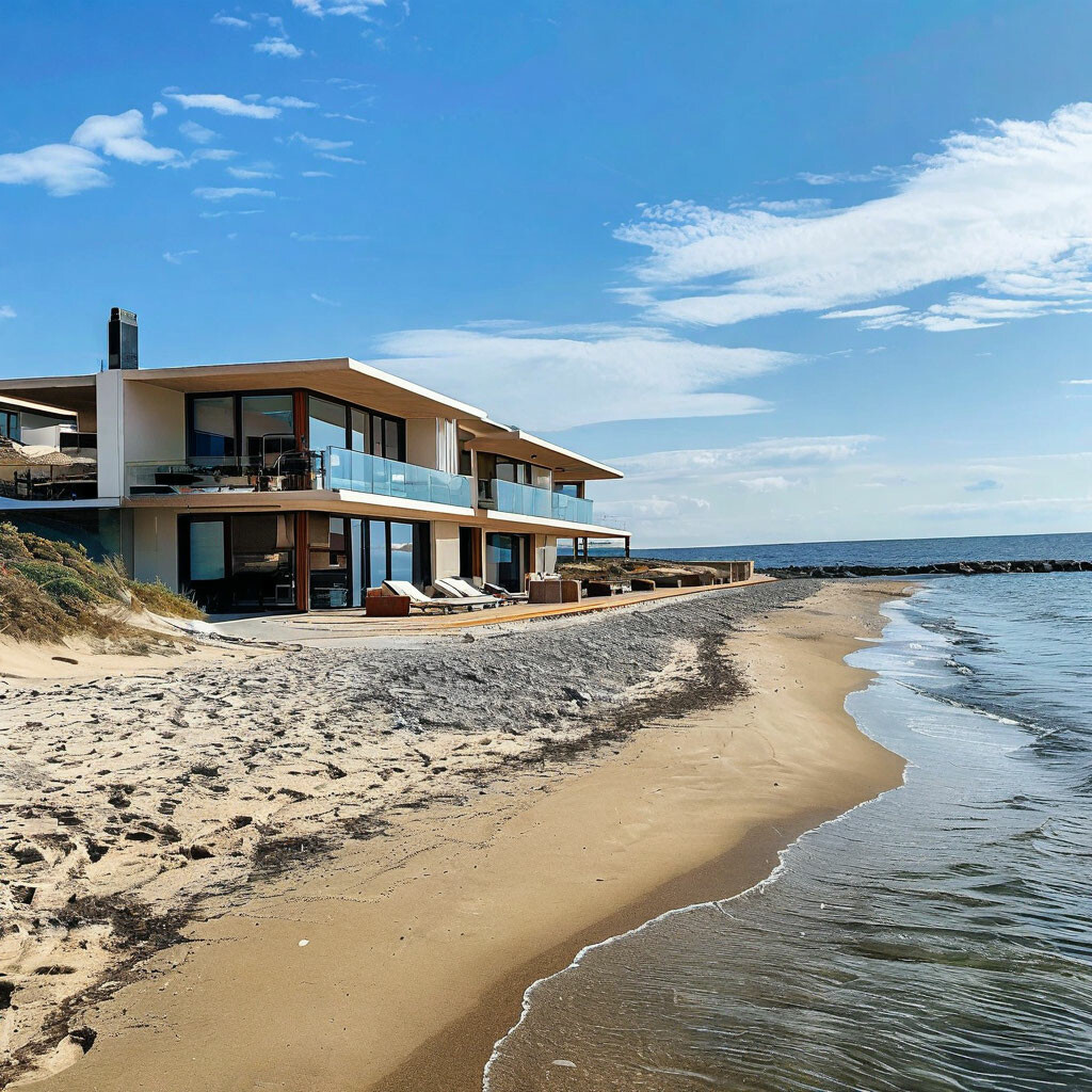 "Beautiful modern house by the sea, sandy beach" — image created in ...