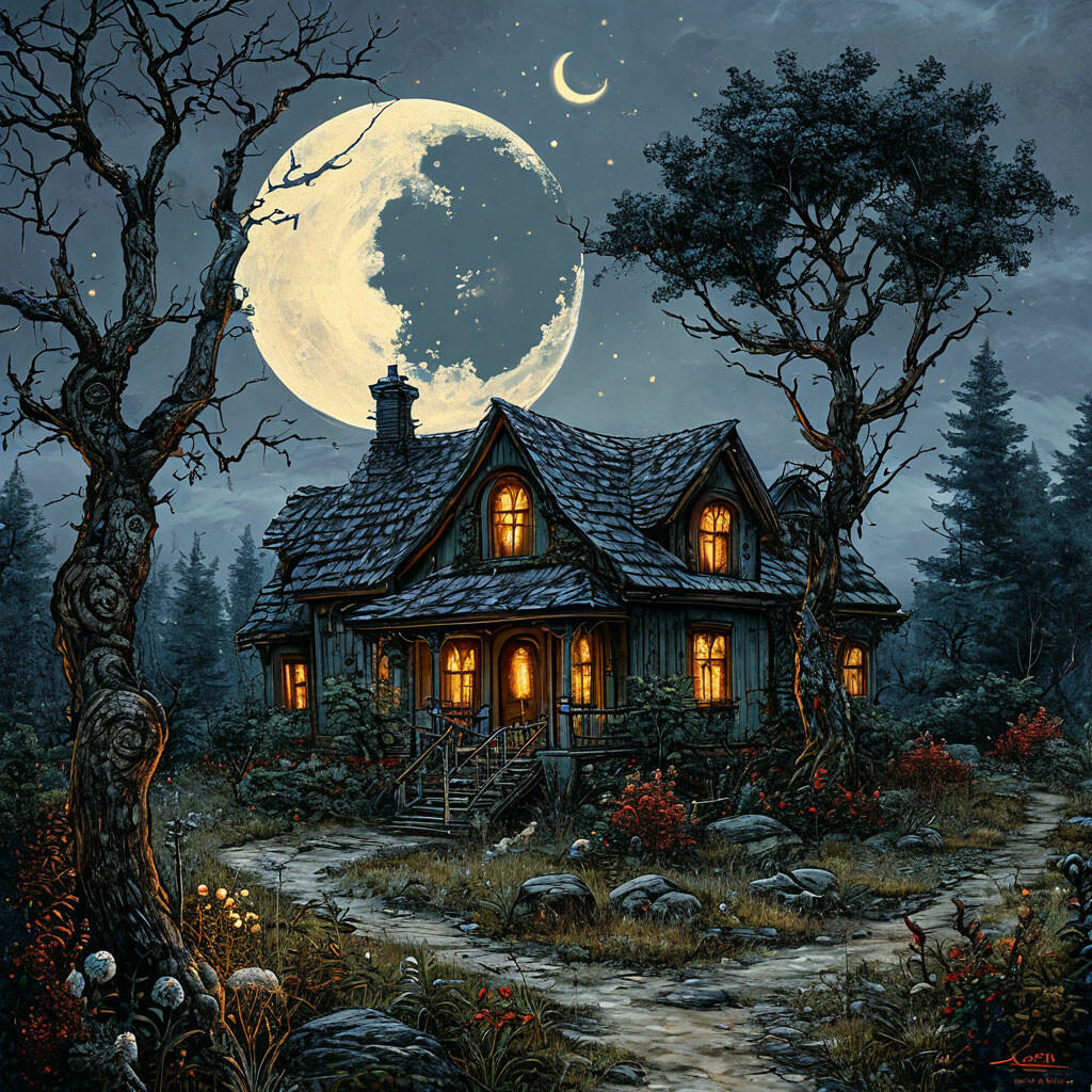 "Wolf moon, crescent moon with a wolf's face, fabulous three ...