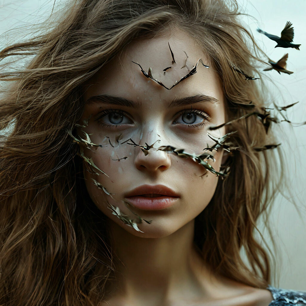 "Girl's face, opaque mask, with long hair,double exposure, birds ,fog ...