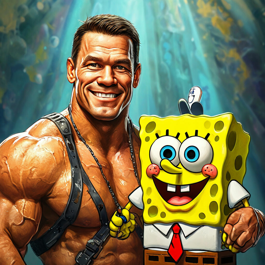 "John Cena and SpongeBob with a smile" — image created in Shedevrum