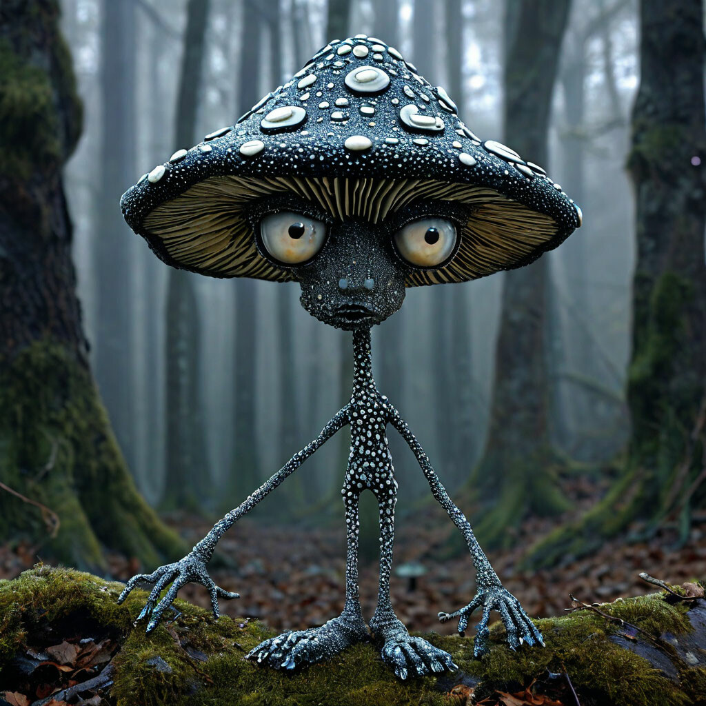 "Anthropomorphic black and white toadstool in the night forest, skinny ...