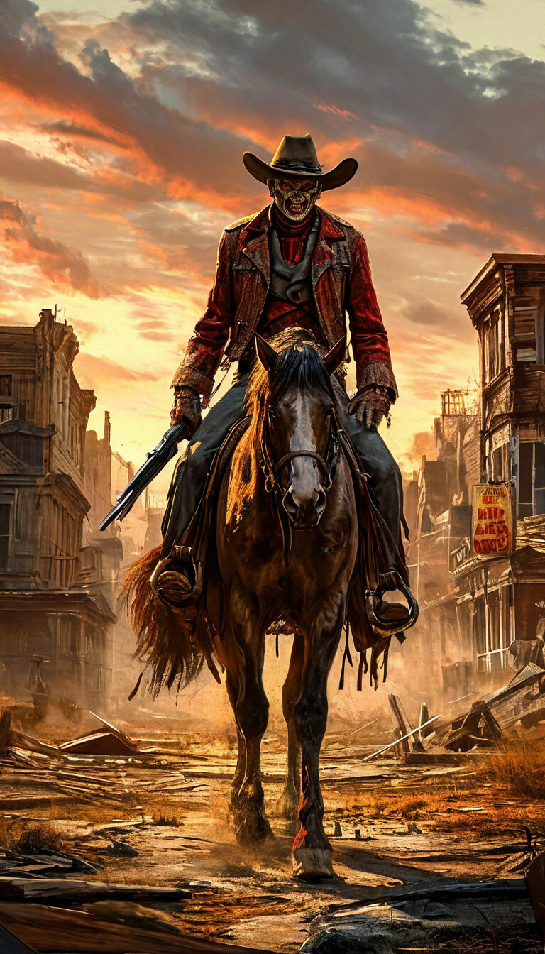 "Freddy Krueger (cowboy) on a zombie …" — image created in Shedevrum