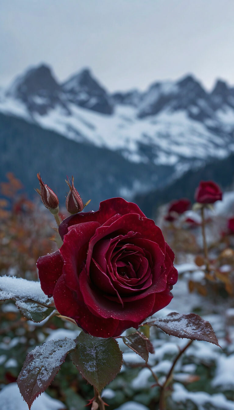 "Snowy burgundy rose , depth of field , mountains in the distance ...