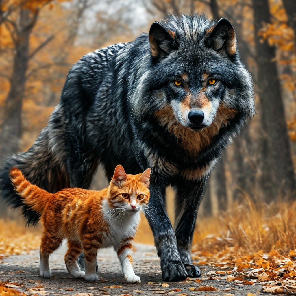 "A black and gray wolf and a red cat went for a walk" — image created ...