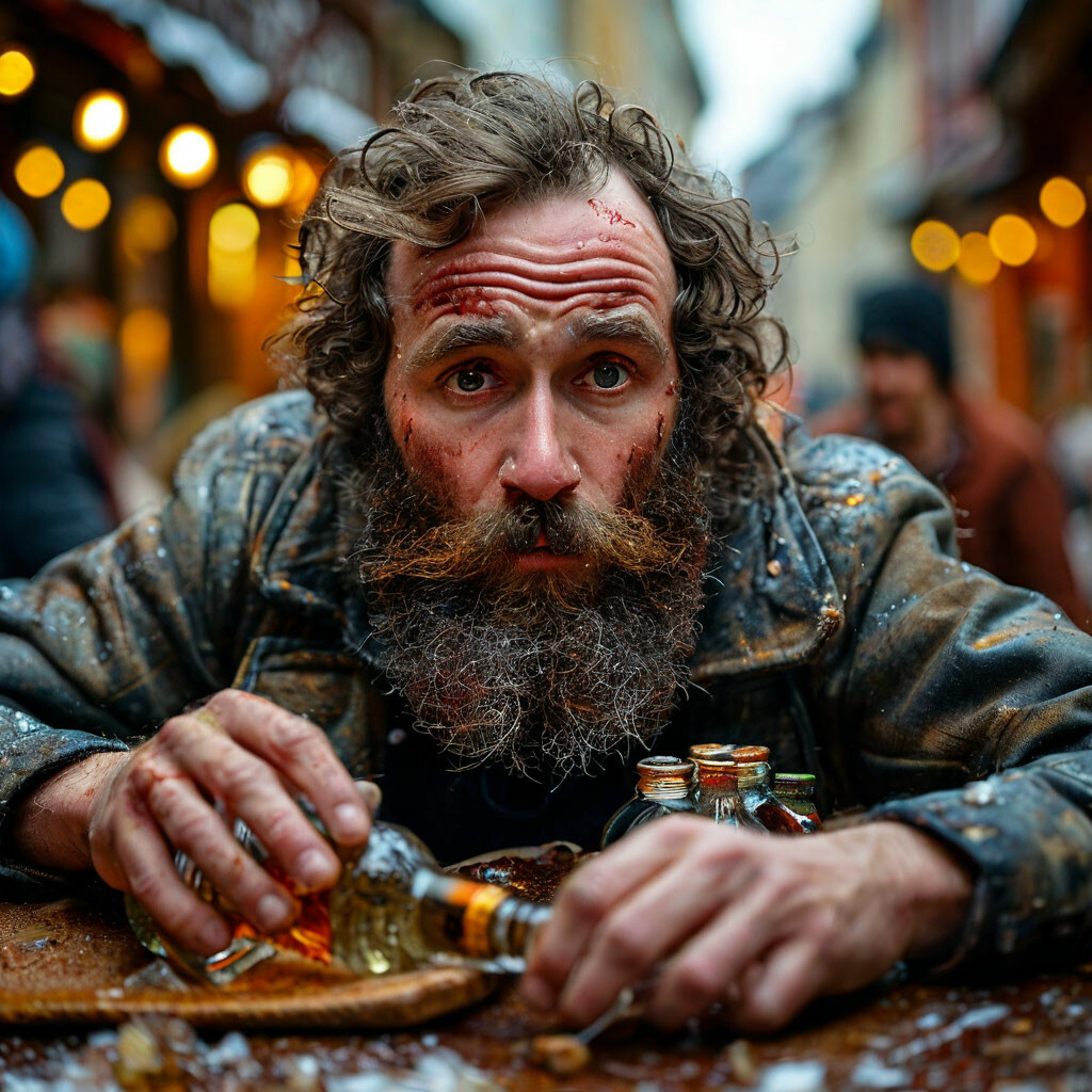 "A drunk man with a beard dropped a …" — image created in Shedevrum