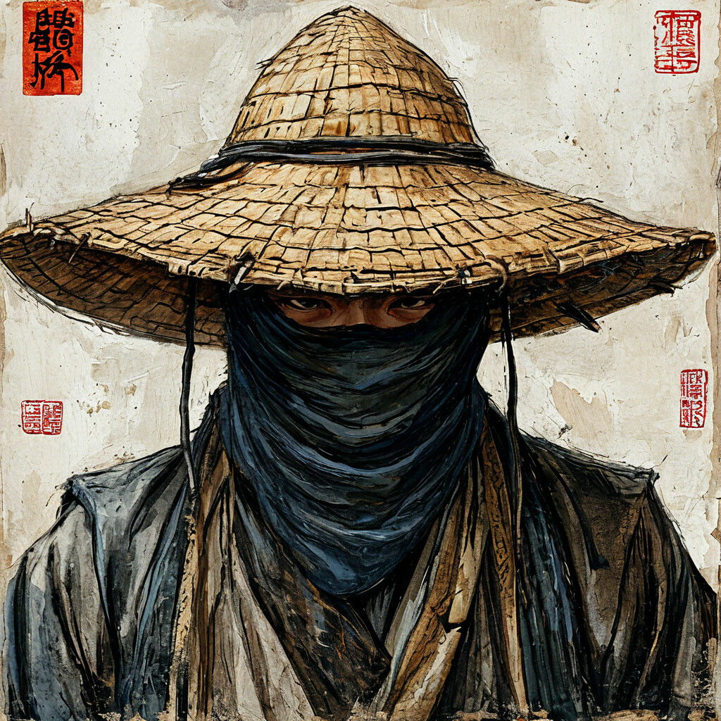 "A mysterious warrior in a straw hat …" — image created in Shedevrum