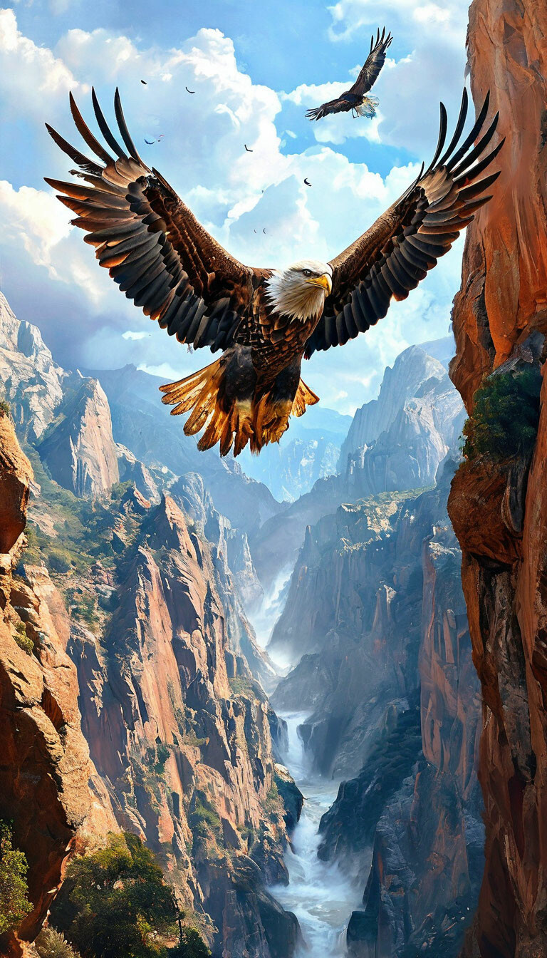 "The unforgettable soaring eagle flies through the sky. among the high ...