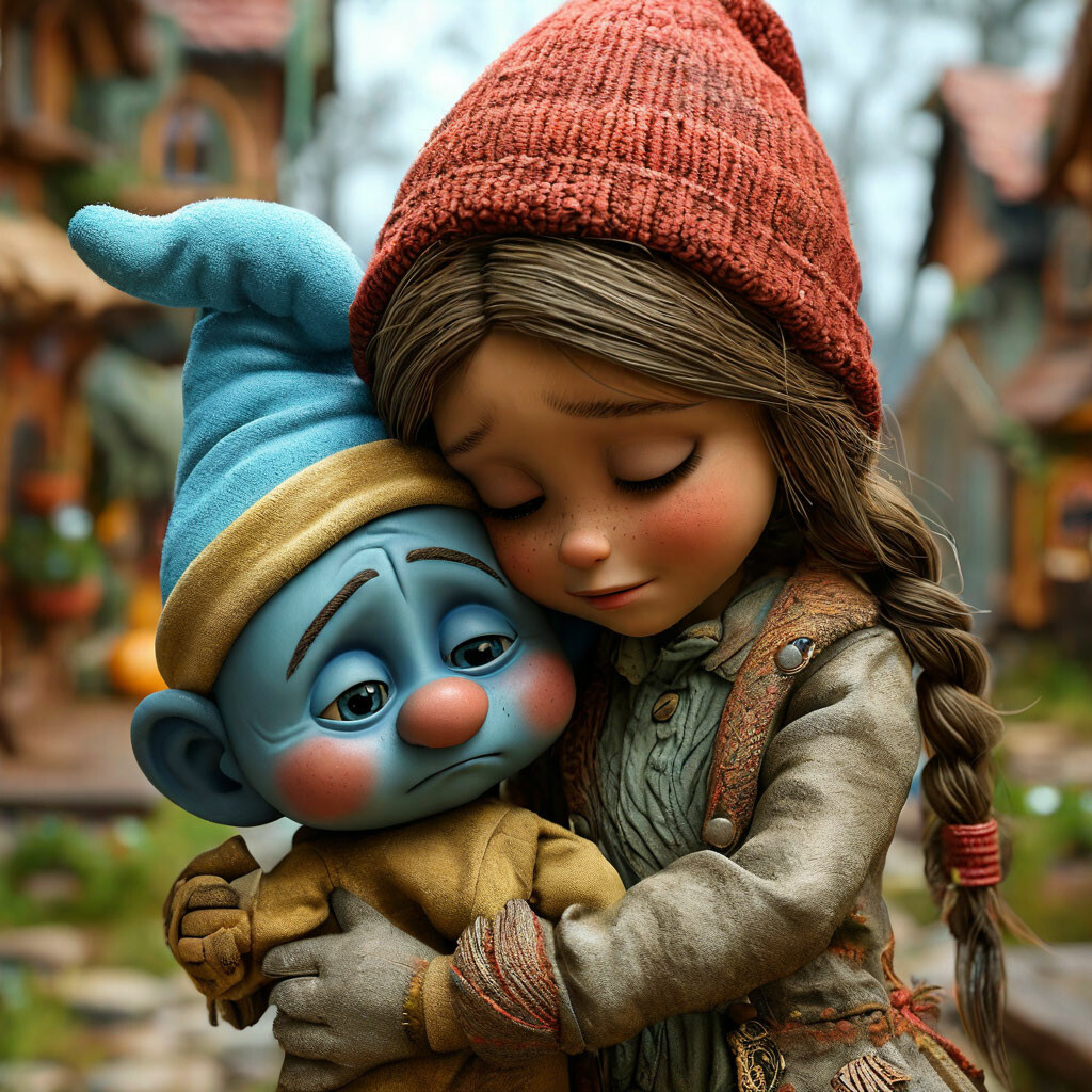 "A cute girl hugs and strokes the head of a sad Smurf baby" — image ...