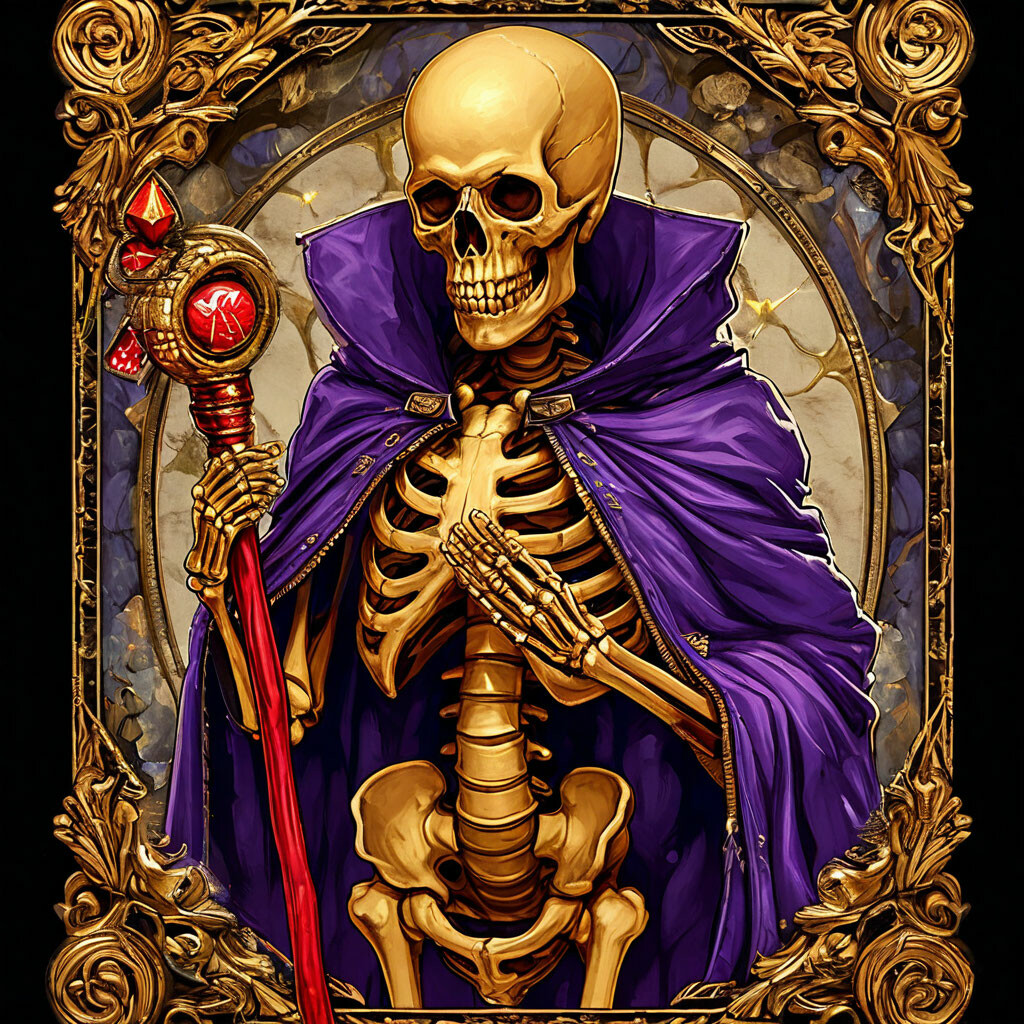 "A playing card. A golden skeleton magician with a red staff is ...