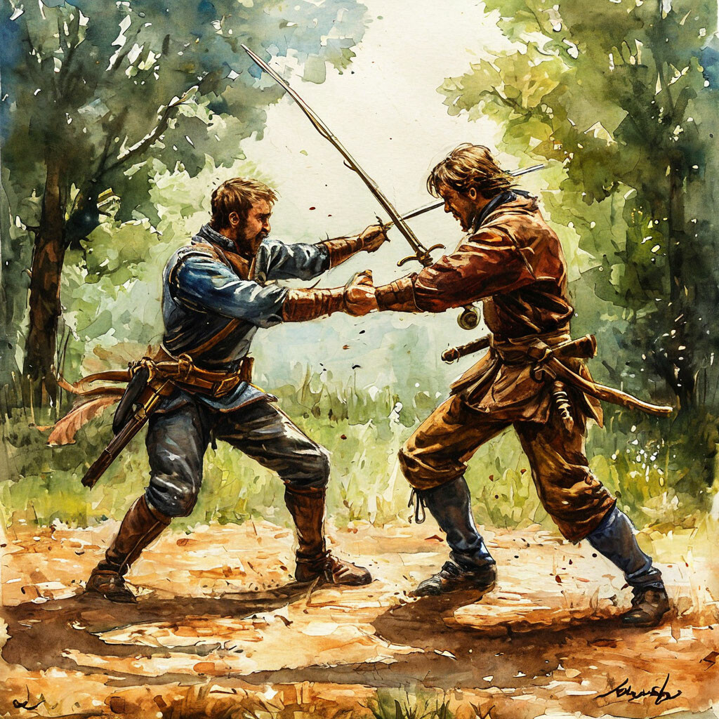 "Sword duel, watercolor" — image created in Shedevrum