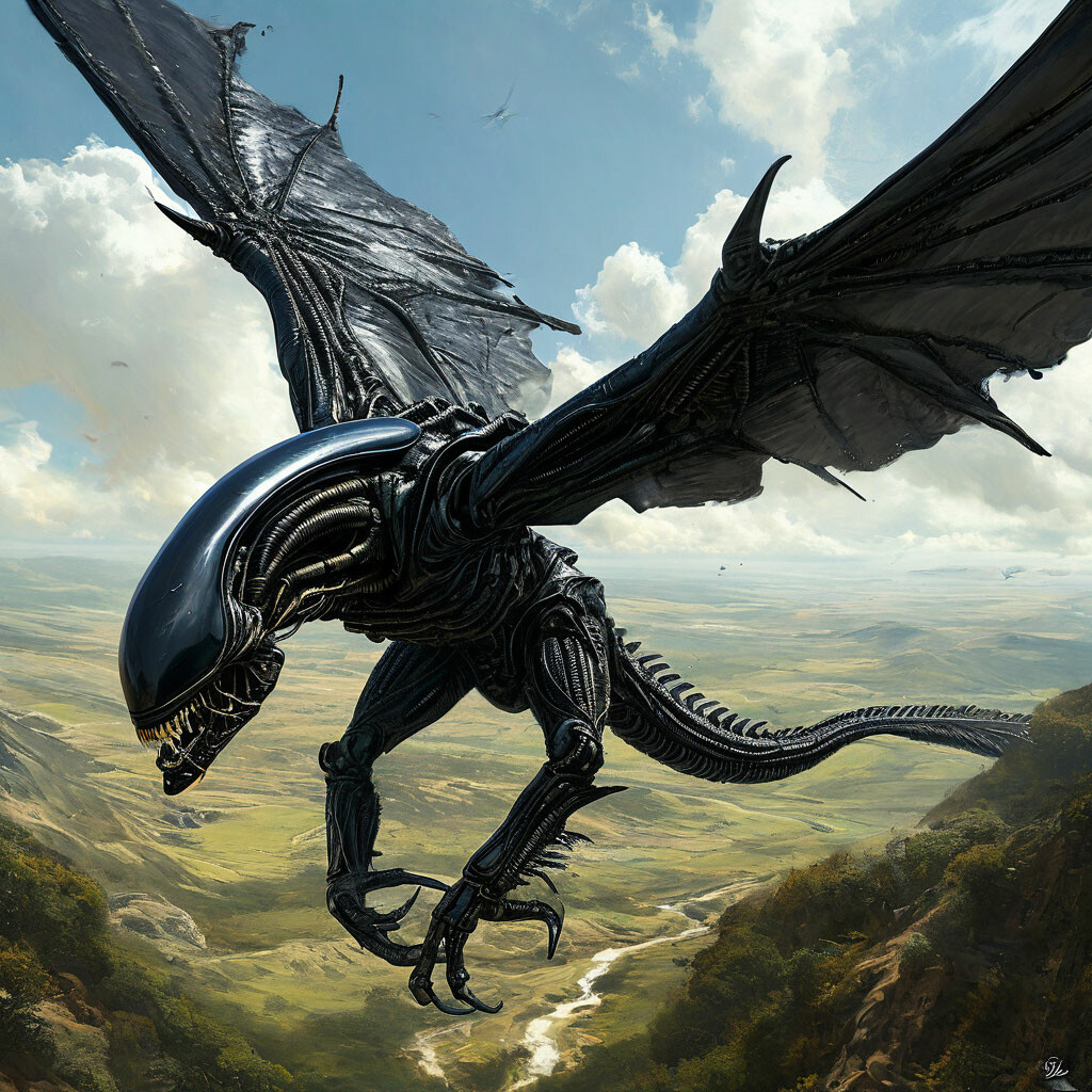 "The xenomorph flies high above the ground on large black wings ...