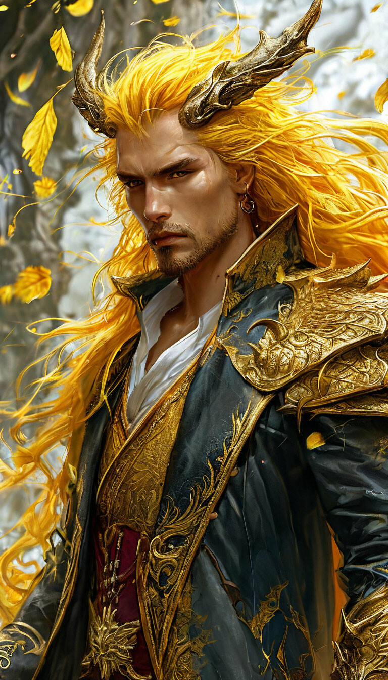 "The dragon is a handsome manly man with long lemon hair. He is dressed ...