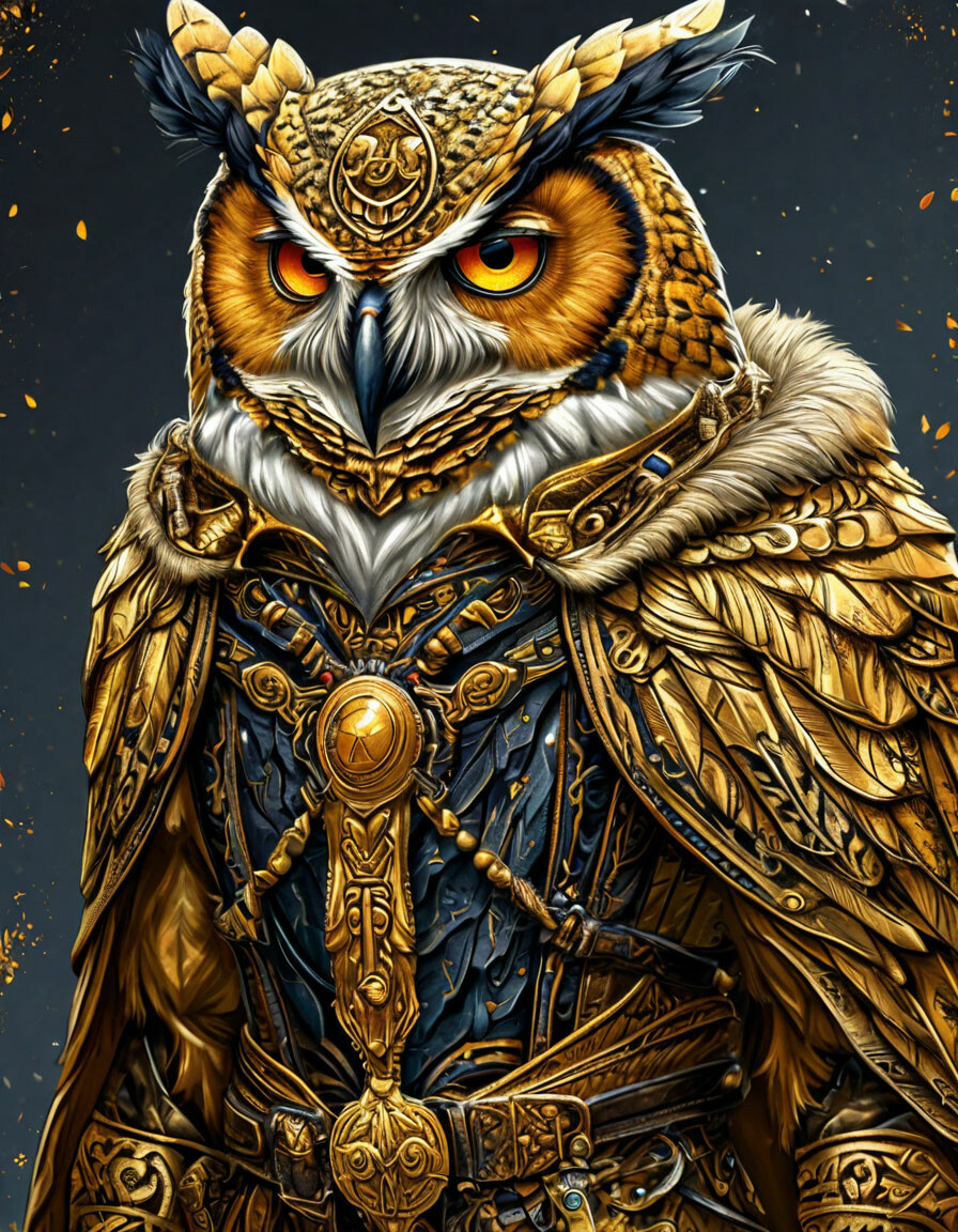 "Last An anthropomorphic humanoid owl in a beautiful armor made of gold ...