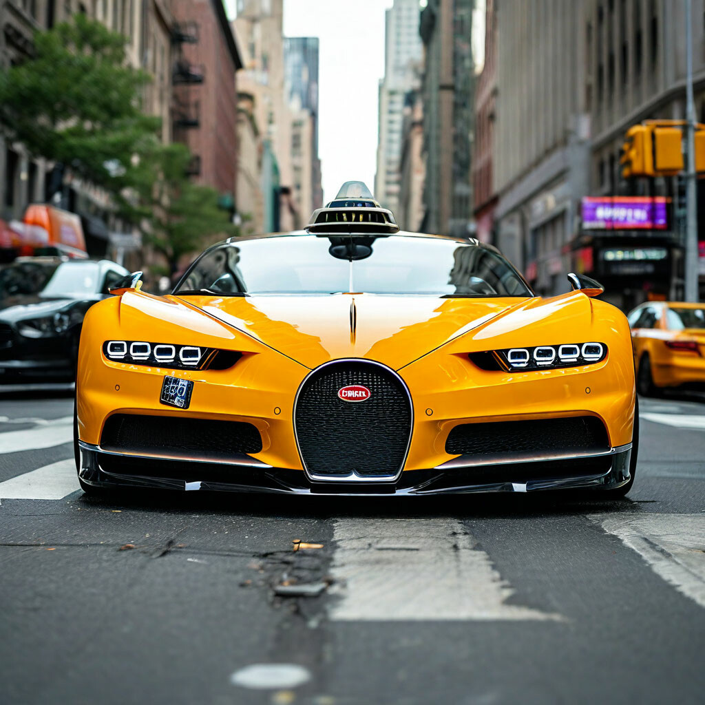 "Yellow Bugatti painted in a taxi, driving through the streets of New ...