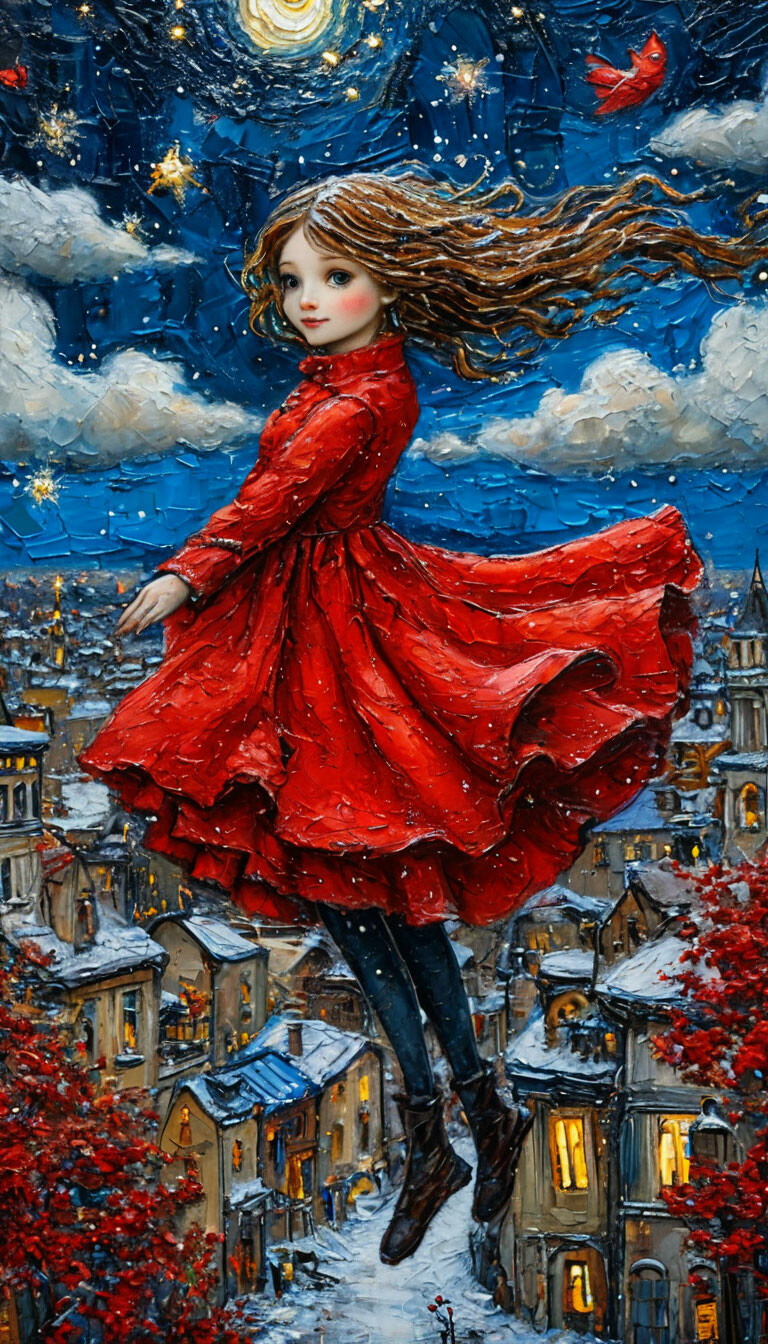 "Marc Chagall style, a girl flying in the sky over a sleeping city ...