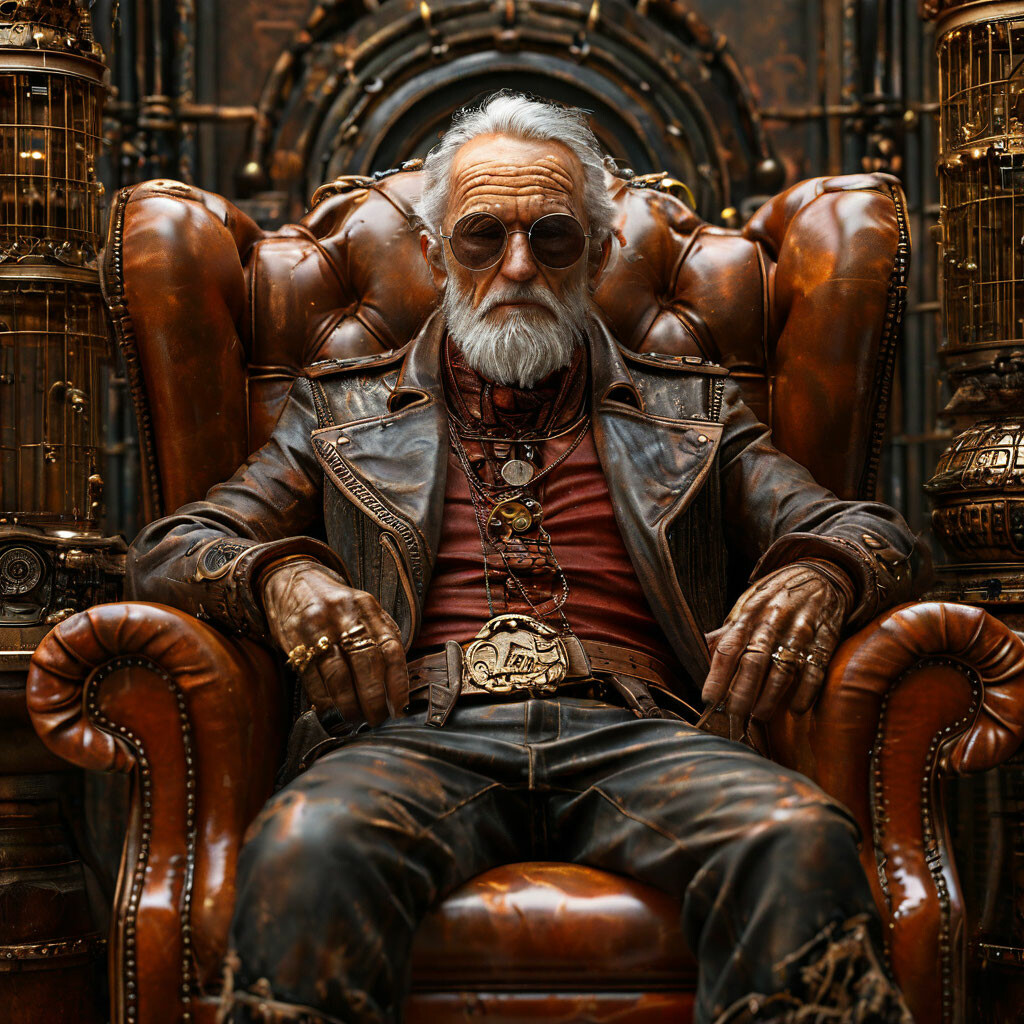 "An old man is sitting in an armchair, leather, cages, Steampunk style ...