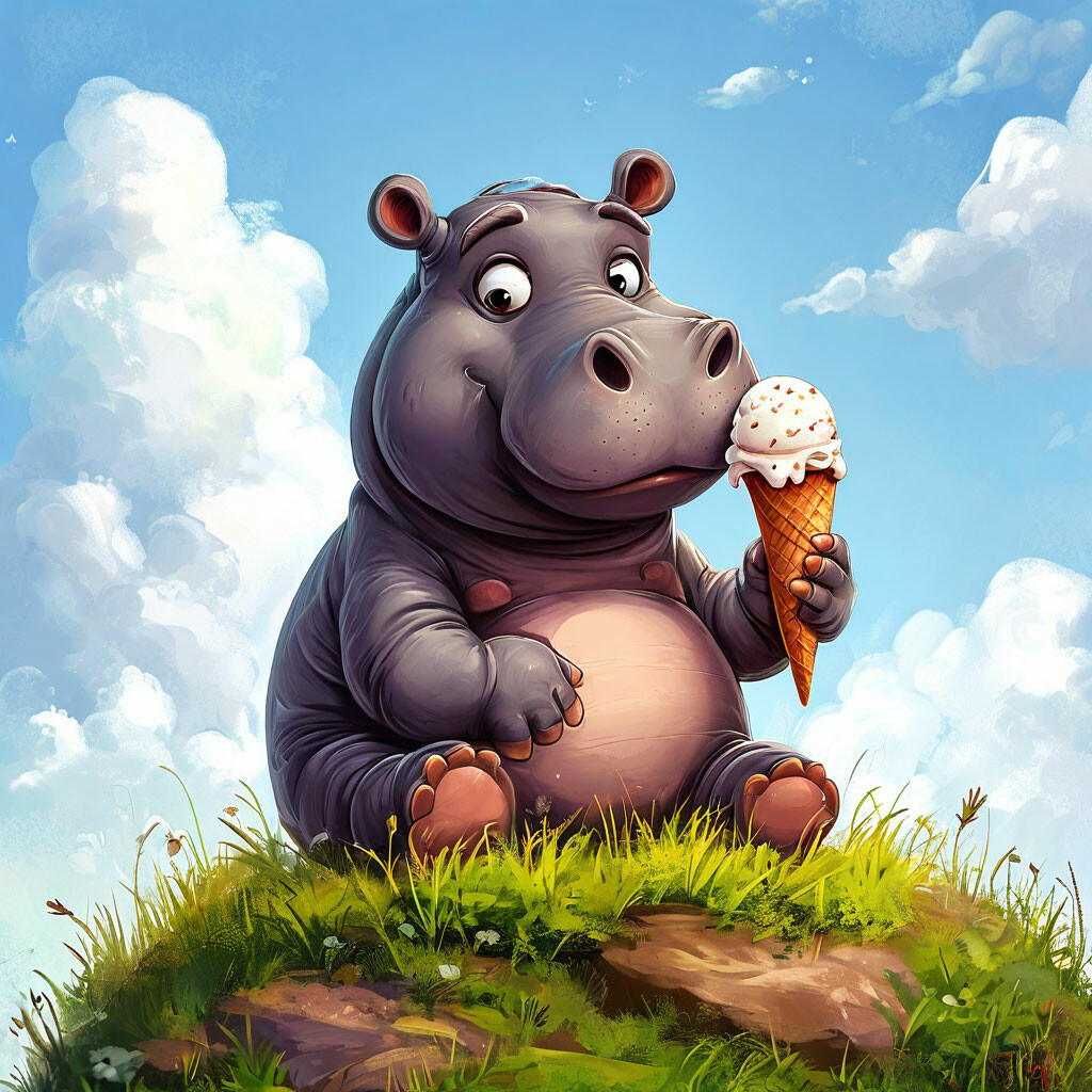 "Cartoon hippo eating ice cream" — image created in Shedevrum