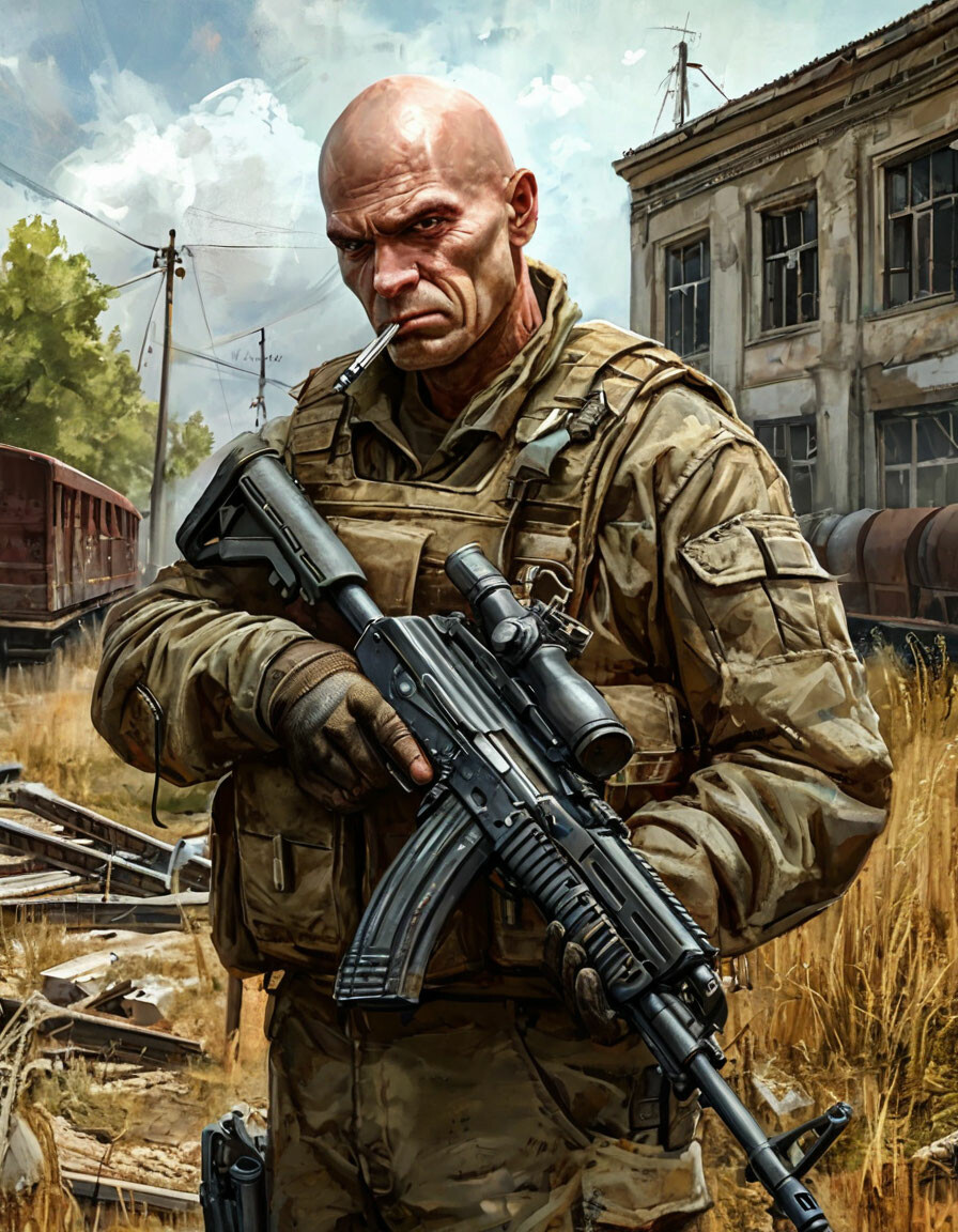 "@Other Worlds Stalker holds an AK 47 …" — image created in Shedevrum