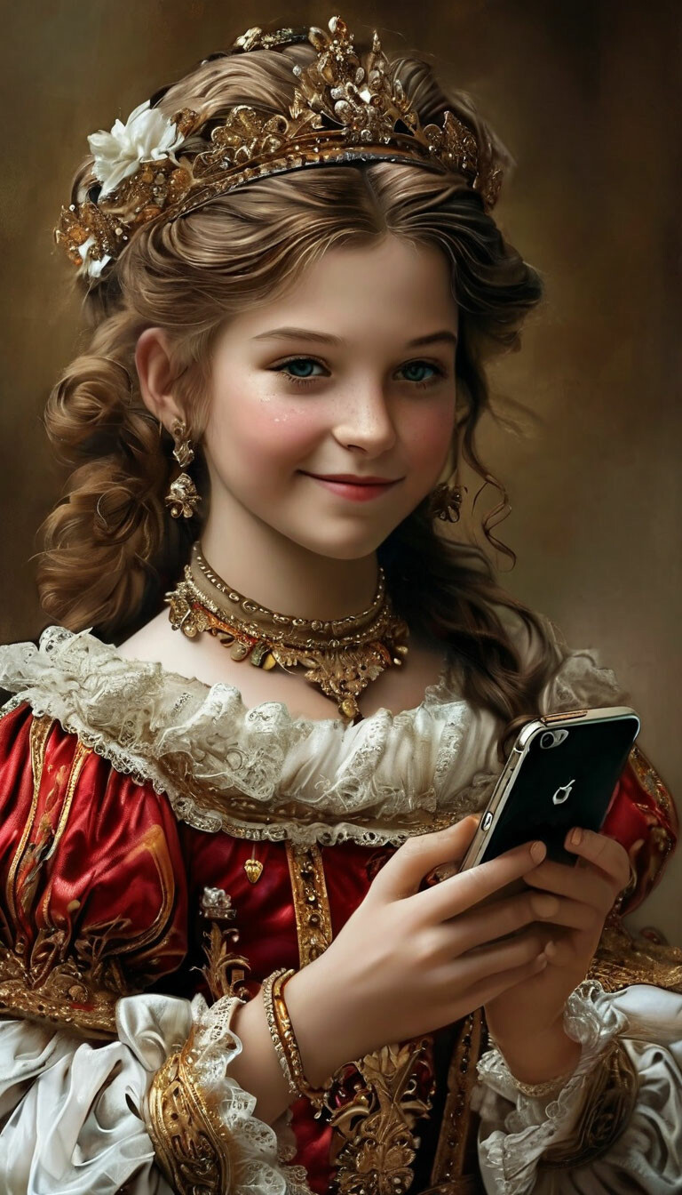 "A young princess of the VIII century with a grin on her face, with an ...