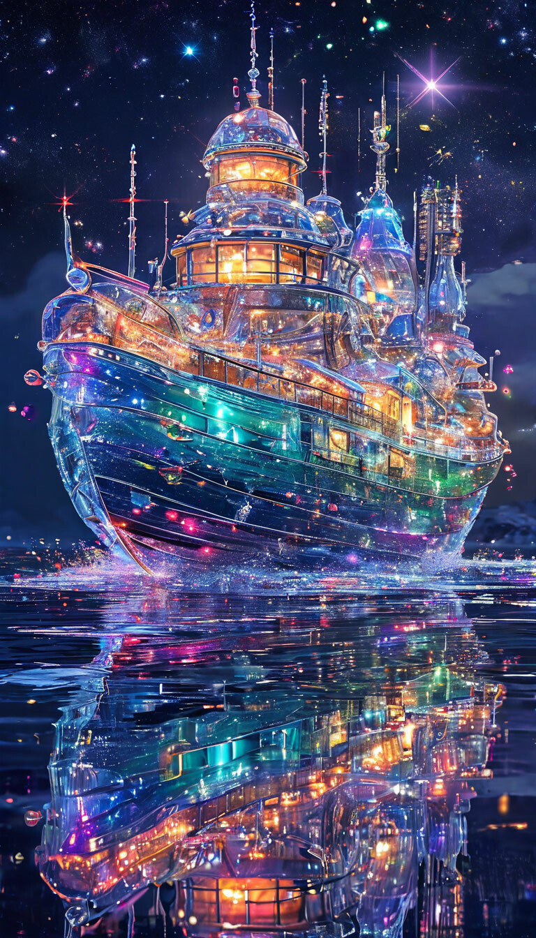"A huge glass ship made of glass on a …" — image created in Shedevrum