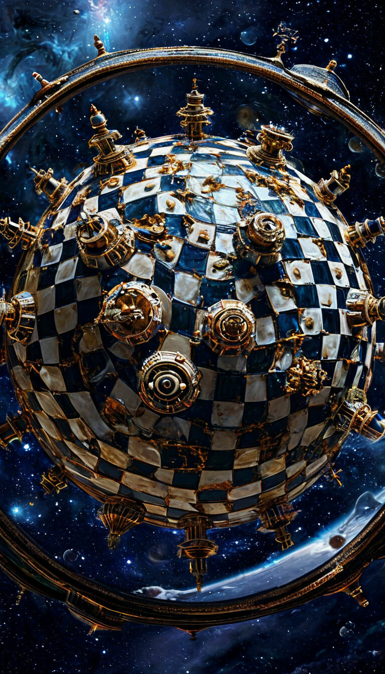 "A chess planet with shaped stations in a circle in space incredible ...