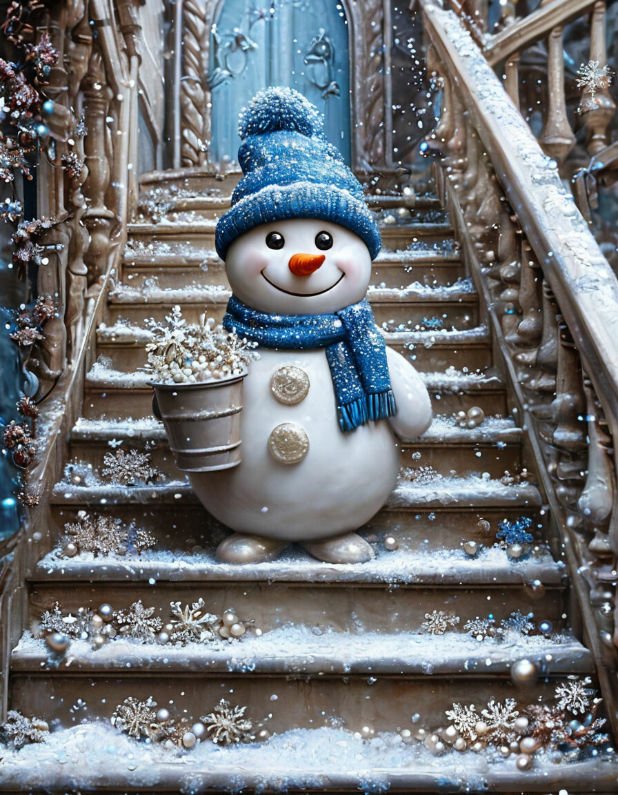 "Surrealism,a fairy tale,a miniature cheerful snowman in a blue cap,a ...