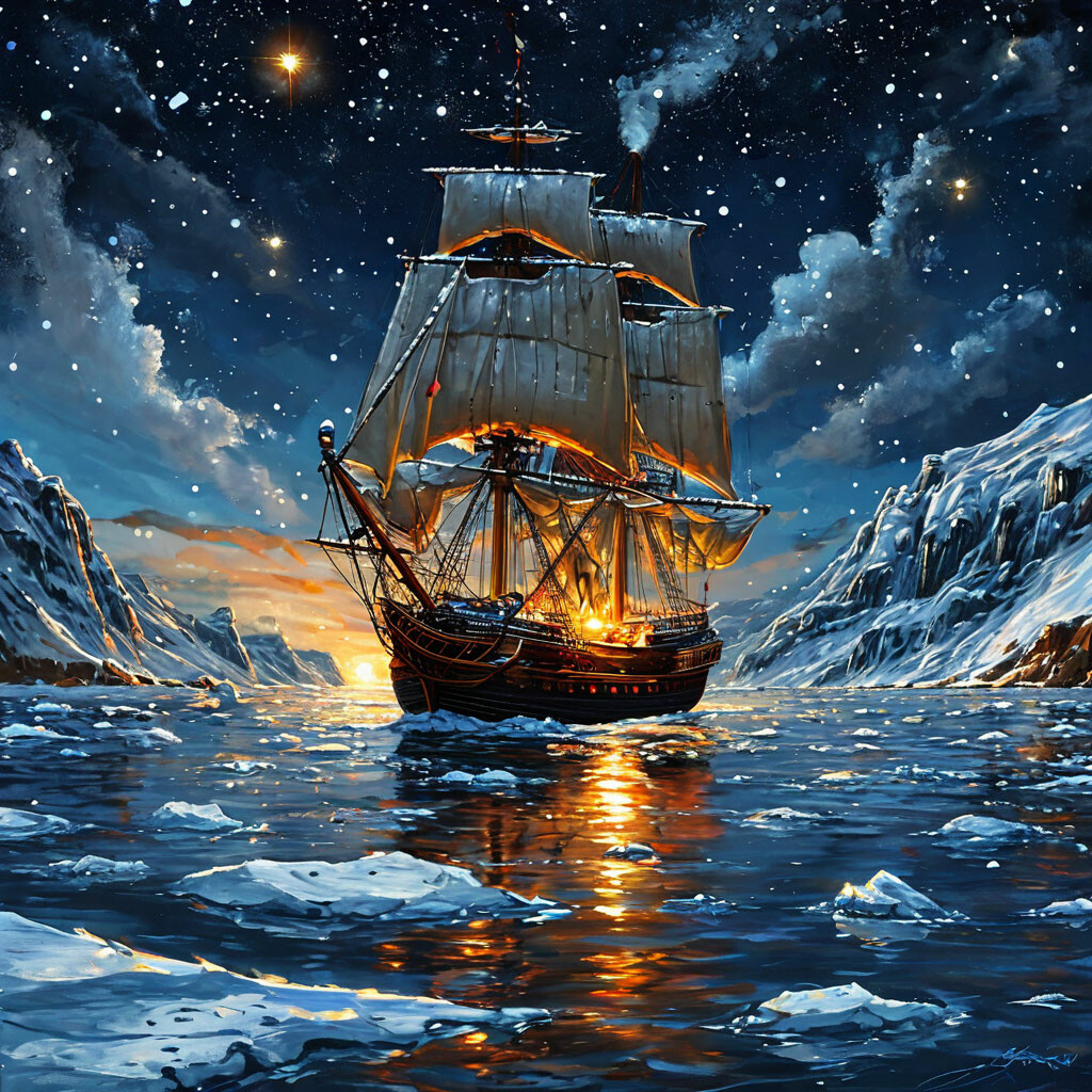 "The ship is sailing on an icy sea, …" — image created in Shedevrum