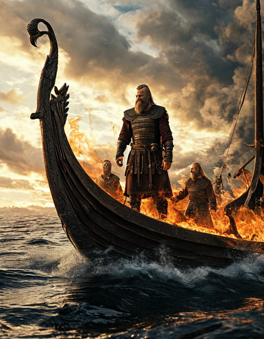 "Panorama. Ragnarök, end of times. The drakars Norwegian are burning in ...