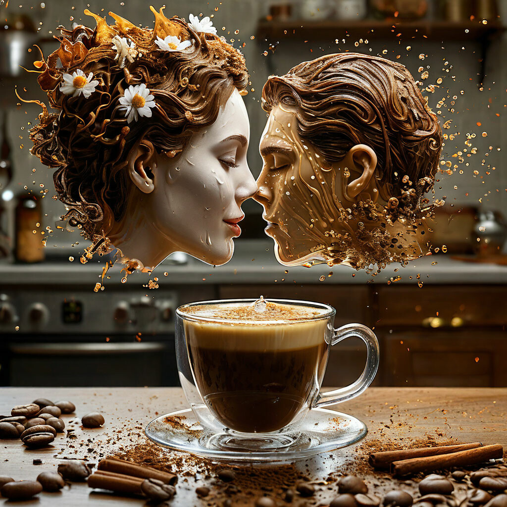 "A cup of coffee, splashes, miniature …" — image created in Shedevrum
