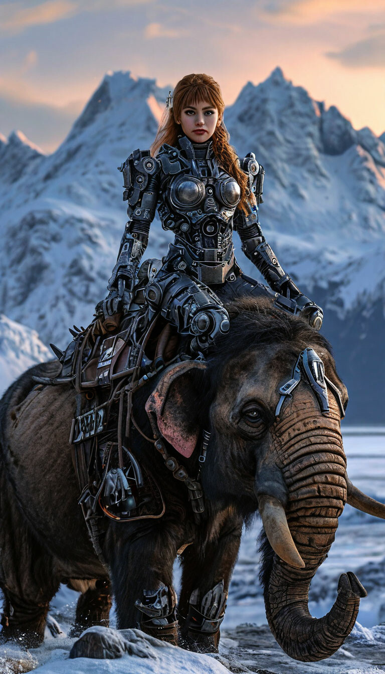 "A beautiful cyborg girl in armor rides a mammoth in the Arctic ...