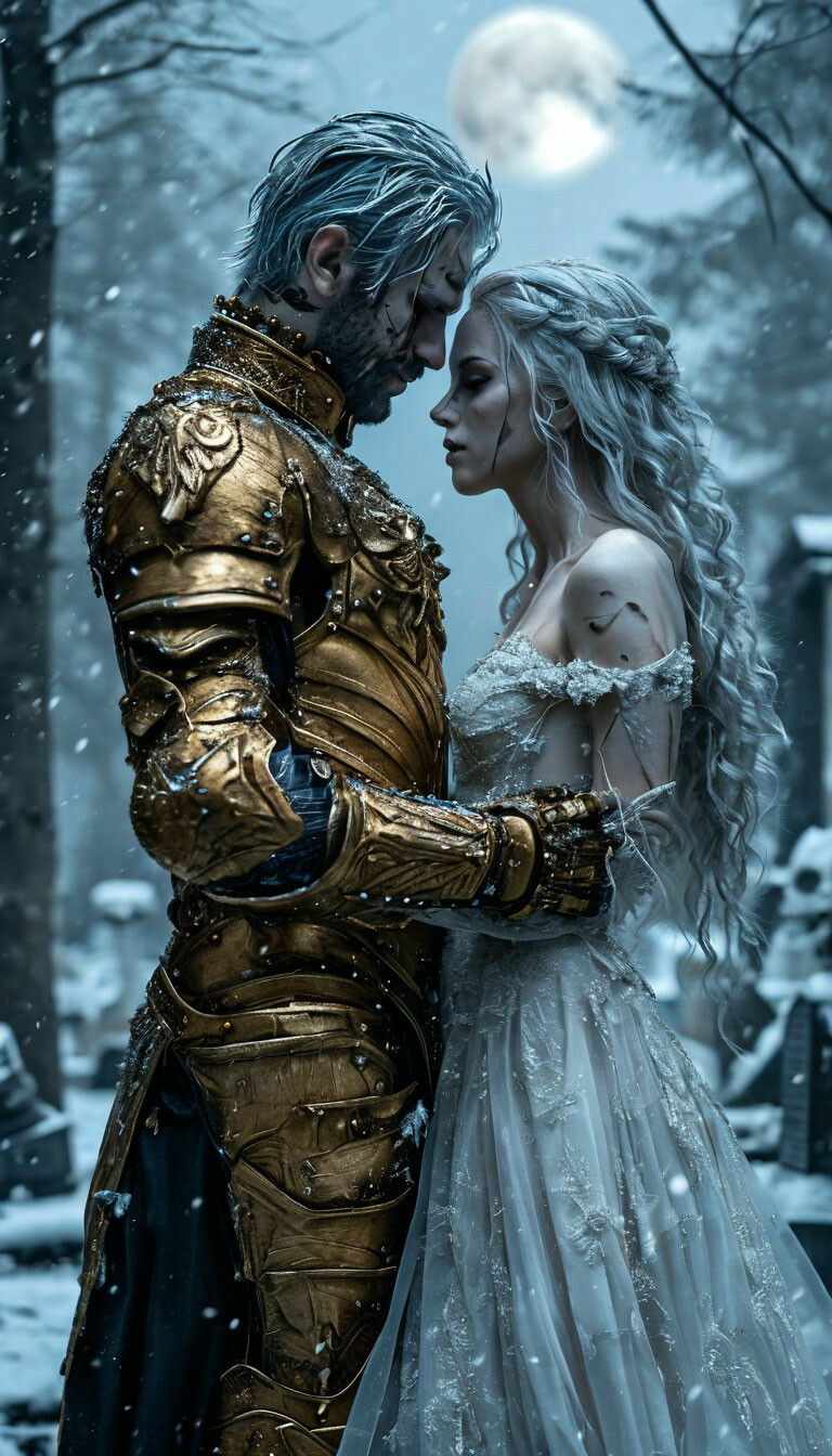 "A pair of werewolves dancing, golden armor on the body, pale skin ...