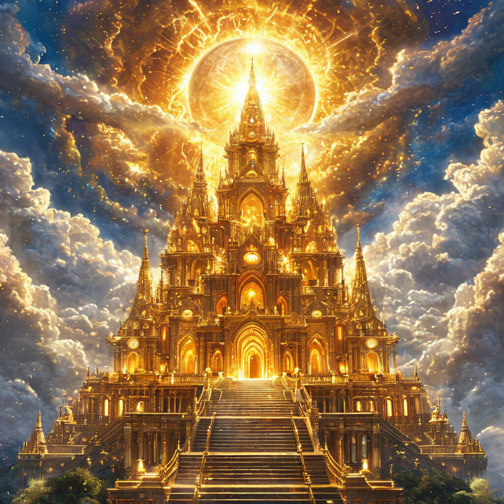 "A boundless golden library in heaven…" — image created in Shedevrum