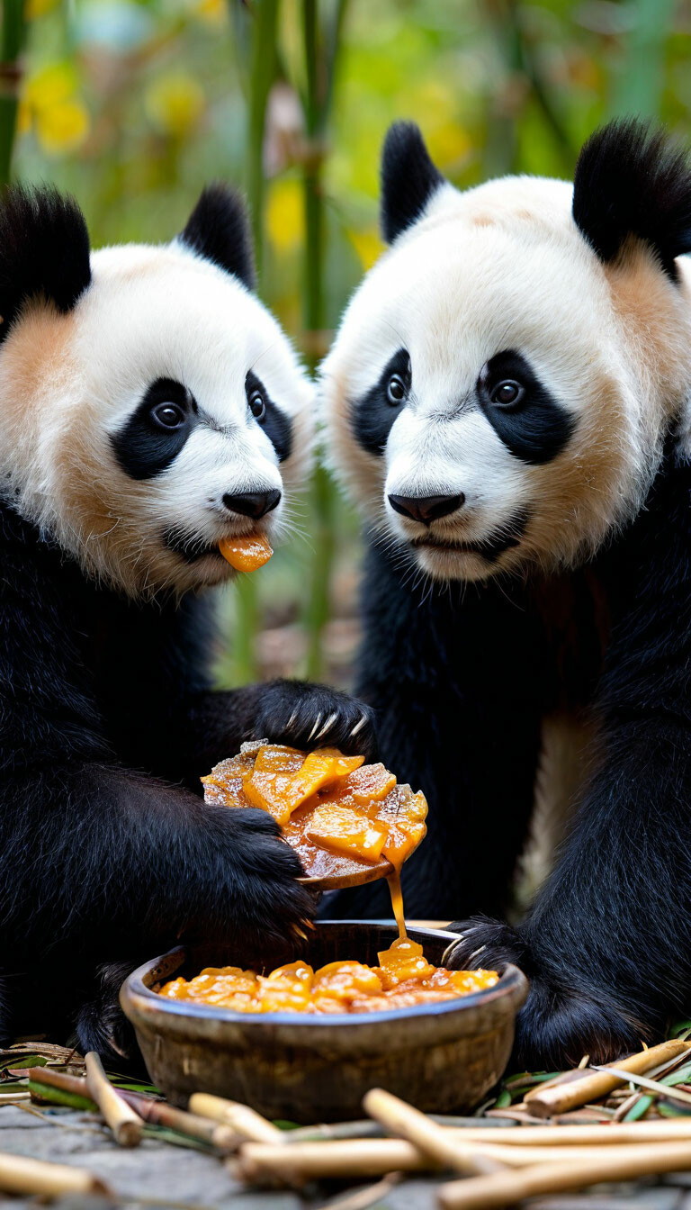 "Panda and cat are eating bamboo jam…" — image created in Shedevrum